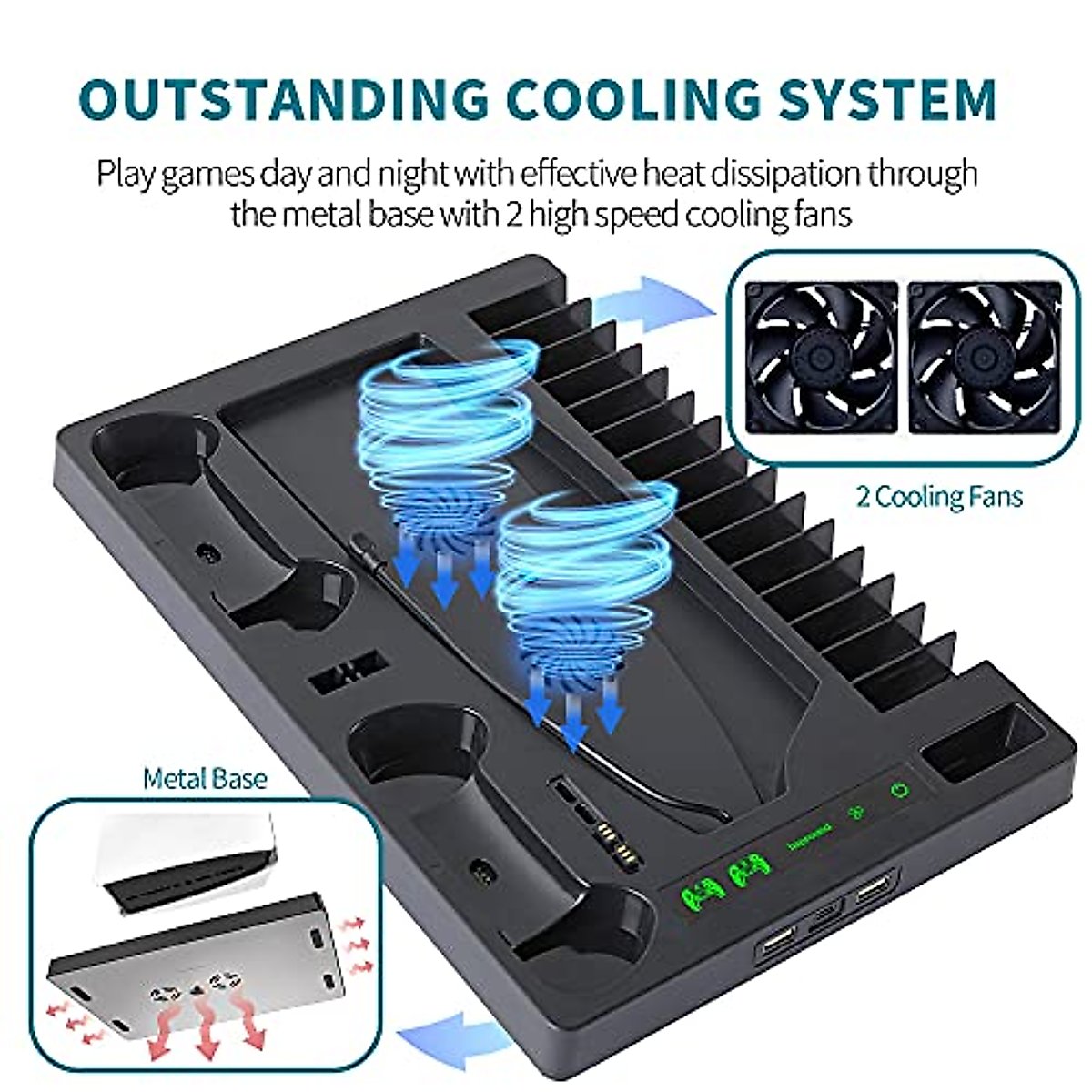 HAPROUND PS5 Vertical Stand with Cooling Fan and Dual Controller Charger - Indicator Lamps and 15 Game Slots, Fast Cooling Through Metal Base, PS5 Console Compatible