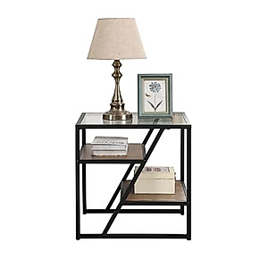 Black Side Table End with Storage Shelf Tempered Glass Coffee Metal Frame for Living Room Modern Contemporary Rectangular MDF Includes Hardware