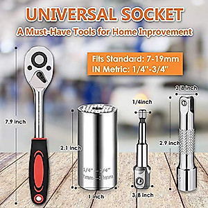 Athlife Universal Socket Wrench Tool Kit 7-19mm Socket Grip Tool Sets with 3/8 Ratchet Wrench Power Drill Adapter Gift for DIY Handyman, Husband, Boyfriend, Dad, Women (Silver)