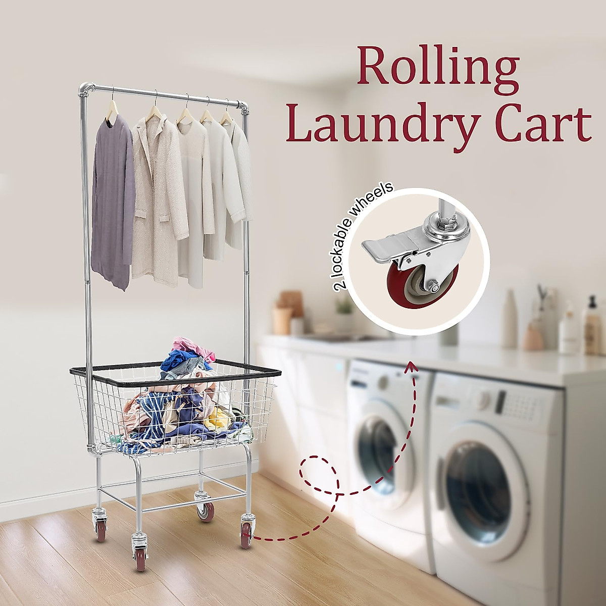 Wire Laundry Cart with Hanging Rack, Wire Laundry Basket With Wheels 27''x22''x67'', Commercial Wire Laundry Basket Cart With drying rod, Galvanized Steel Frame with 5'' Casters, Wire Basket Cart
