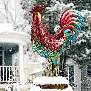 Kircust Solar Metal Rooster Animal Lights Garden Sculptures Art Decor, Outdoor LED Light Color Chicken Statue for Farm Patio Lawn Back Yard Home Decorations,13.98" WX5.9 DX16.74 H