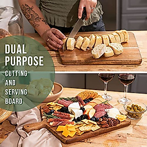 Acacia Wood Cutting Board and Chopping Board with Handle for Meat, Cheese Board, Vegetables, Bread, and Charcuterie - Decorative Wooden Serving Board for Kitchen and Dining Room, Large 17” x 13”