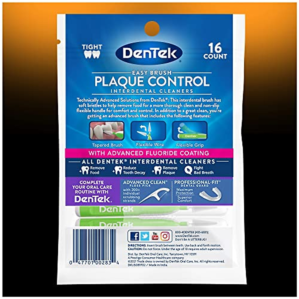 DenTek Easy Brush Plaque Control Interdental Cleaners, Tight, 16 Count, 6 Pack
