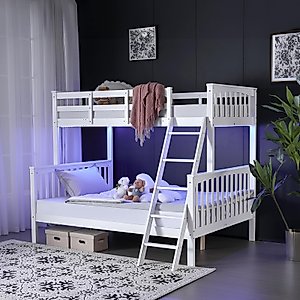 VINGLI Bunk Beds Twin Over Full Size with LED and Charging Station, Convertible Wood bunk beds with Angled Ladder, High Guardrail and Wood Slats, Space-Saving Design for Kids, Teens and Adults, White