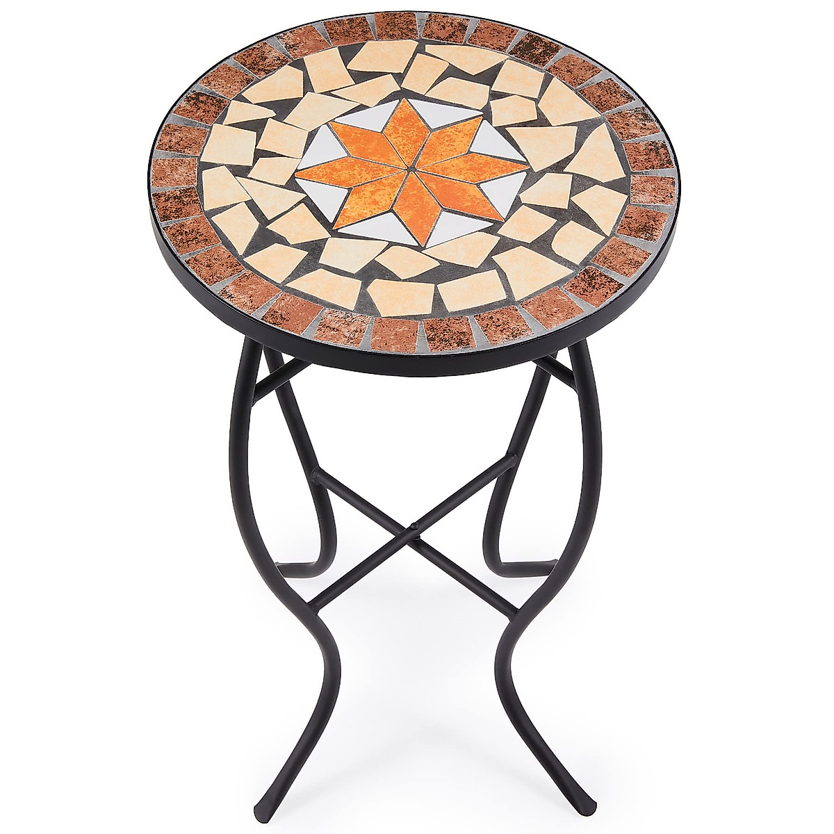 VONLUCE Mosaic Side Table and Plant Stand, 21" Round End Table with 14" Ceramic Tile Top, Indoor & Outdoor Accent Table, Porch Patio Furniture, Entryway & Coffee Table for Home & Garden, Maple