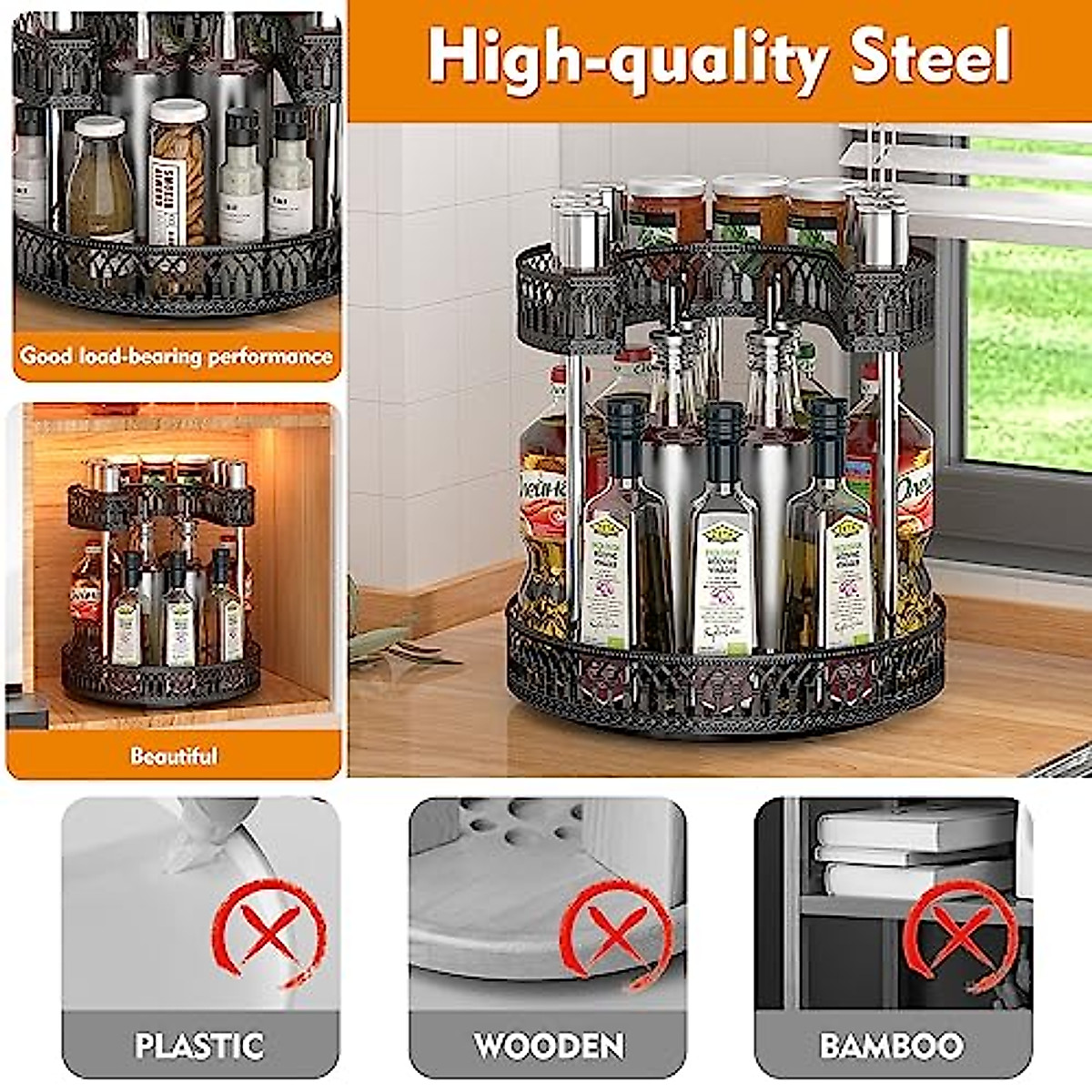 Detoypapa 2 Tiers Lazy Susan Organizer for Countertop - Spice Rack Organizer Height Adjustable Turntable Organizer - Cabinet in Kithen, Bathroom, Pantry Organizers and Storage - Black