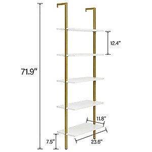 SUPERJARE Modern Ladder Shelf, 5-Tier Open Wall-Mounted Bookshelf with Stable Metal Frame, 72 Inches Storage Rack Shelves, Stand Bookcase for Home Office - White/Gold