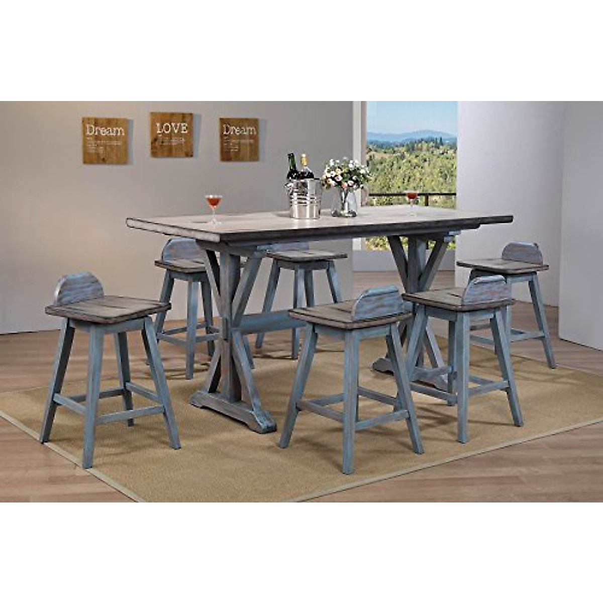Kings Brand Arland Grey / Blue Wood Counter Height Rectangle Kitchen Dinette Dining Table