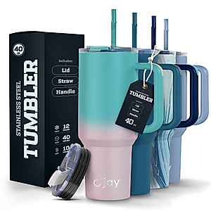 O'JAY 40oz Stainless Steel Insulated Travel Mug - Leak-Proof Straw Lid, Cupholder Friendly, Dreamy Green-Pink