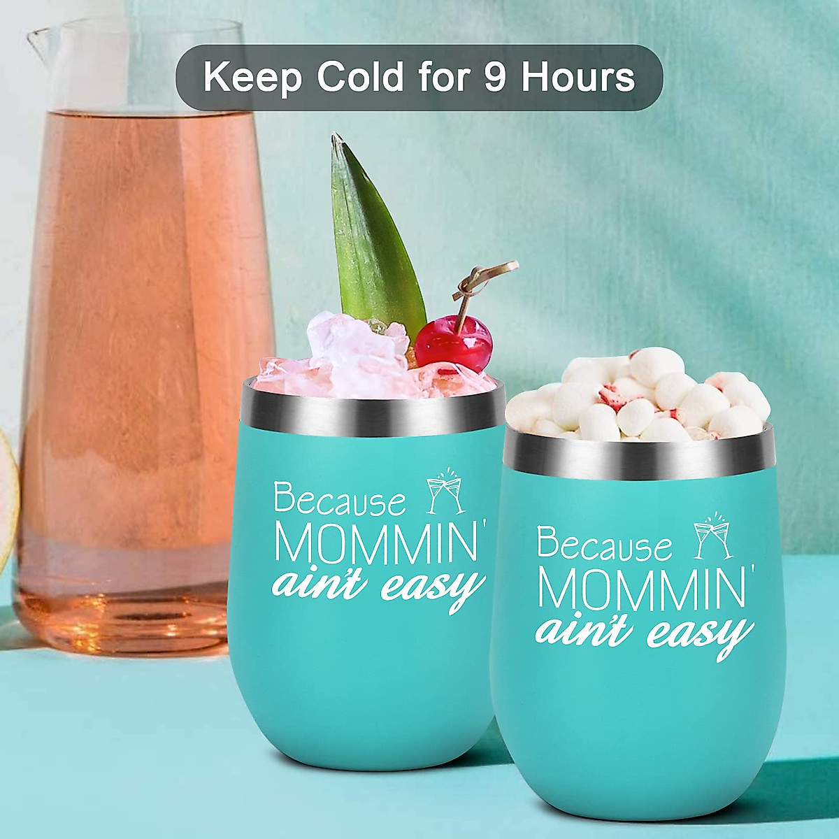GINGPROUS Mom Wine Tumbler, Because Mommin' ani't easy Funny Mom Gifts from Daughters Sons for Mother's Day Christmas Xmas Gift, 12 Oz Stainless Steel Insulated Wine Tumbler with Lid and Straw, Mint