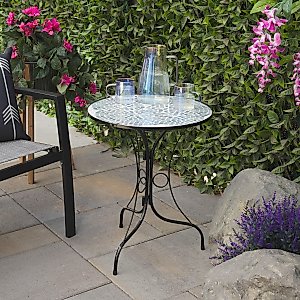 Alpine Corporation Alpine 18" Round Indoor/Outdoor Metal Decorative Multicolor Floral Tile Top Bistro Table, Blue Mosaic
