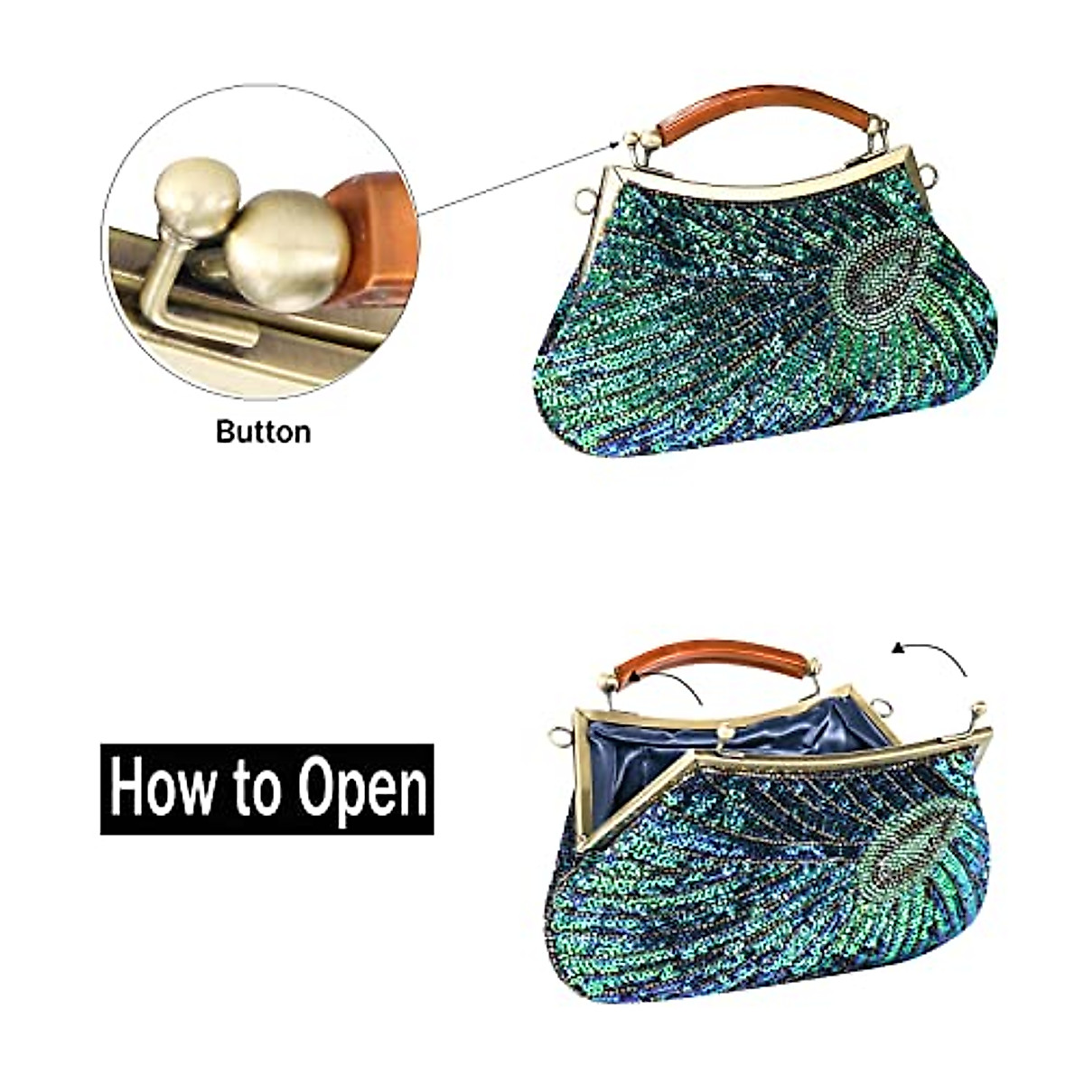 GUOZI Women's Vintage Beaded Sequin Peacock Clutch Purse Handmade Crossbody Evening Bag Handbag For Wedding Party Prom