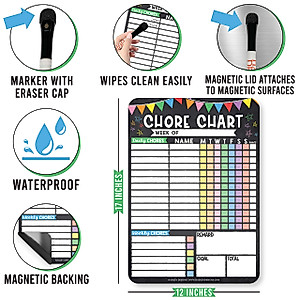 Hadley Designs Magnetic Chore Chart for Kids-12"x17" Reusable Dry Erase Responsibility Chart for Multiple Kids-Weekly Family Organizer with Reward System and Bonus Chore Guide