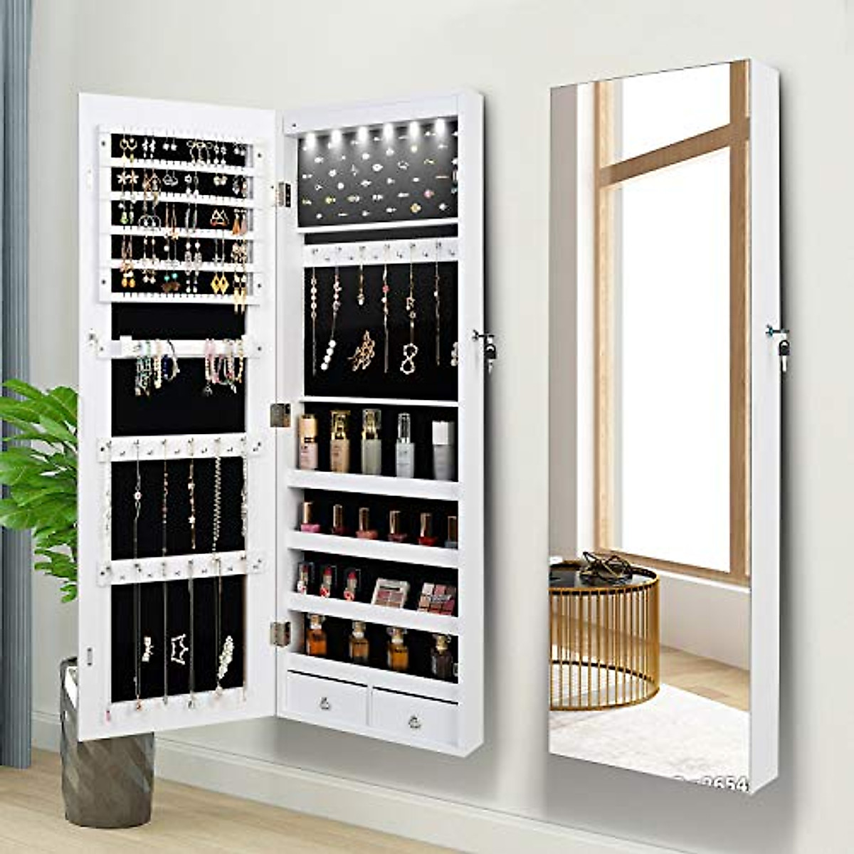 QUANYOU 6 LED Lights Lockable Full Mirror Full Screen Jewelry Organizer Wall Mounted/Door Mounted/Jewelry Cabinet Jewelry Armoire with Mirror/Full Length Mirror Hanging Mirror 7025 (White)