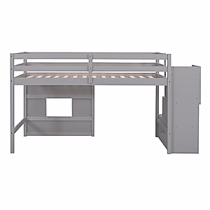 BIADNBZ Twin Size Low Loft Bed with Stairs, Solid Wood Bedframe w/Storage Staircase, for Kids Teens Bedroom, No Box Spring Needed, Gray