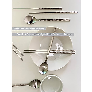 cozymomdeco Korean Made Silver Glossy Hammered Stainless Steel Korean Spoon & Chopstick SET (2SET)