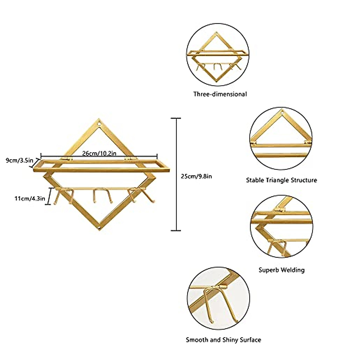 Wall Mounted Wine Rack, Foldable Metal Wine Bottle Racks with 3 Stemware Holders, Hanging Shelf for Home, Kitchen, Bar Wall Decor (Gold)