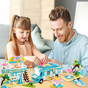 Friends Vacation Tour Building Kit Featuring Beach House, City Ice-Cream Truck, Yacht and Animal Toys, Creative Building Blocks Roleplay Christmas Birthday Gifts for Kids Girls Aged 6-12 (948 Pieces)
