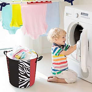 Red Leopard And Zebra Animal Print Laundry Basket Large Round Canvas Laundry Hamper with Handles Foldable Storage Bin for Dirty Clothes Hamper Bedroom Bathroom