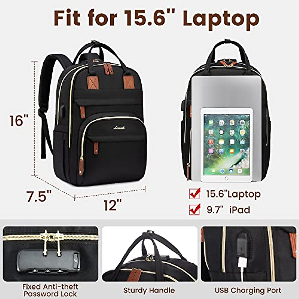 LOVEVOOK Laptop Backpack for Women, Unisex Travel Anti-theft Bag, Business Work Computer Backpacks Purse College Backpack for Men, Casual Hiking Daypack with Lock, 15.6 Inch, Black