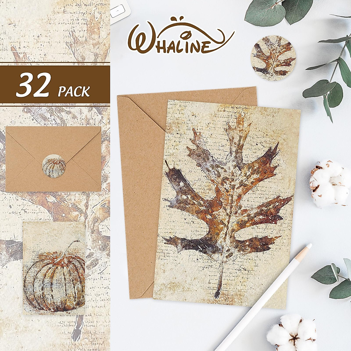 Whaline 32 Pack Fall Leaves Thank You Cards Vintage Maple Leaf Pumpkin Greeting Cards with Envelope Stickers Blank Note Cards for Autumn Harvest Thanksgiving Holiday, 4 x 6 Inch
