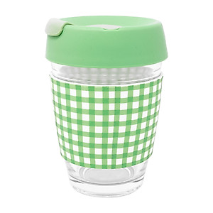 Martha Stewart Glass Tumbler, 12 Ounce Travel Coffee Mug with Splashproof Lid & Green Gingham Silicone Sleeve, Hot or Cold Beverages, Arcadian Green Gingham