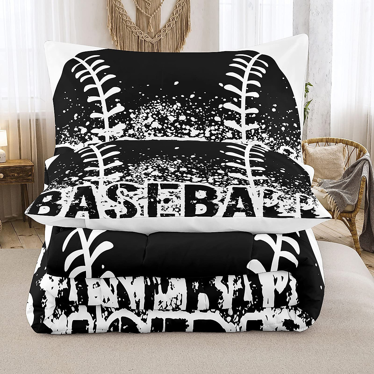 Bodhi Black and White Comforter Set,Sports Bedding Set for Boys Kids,Boys Baseball Bedding Full Size,Kids Comforter Set with Pillowcases,Teen Boys Bedding Set Full Size