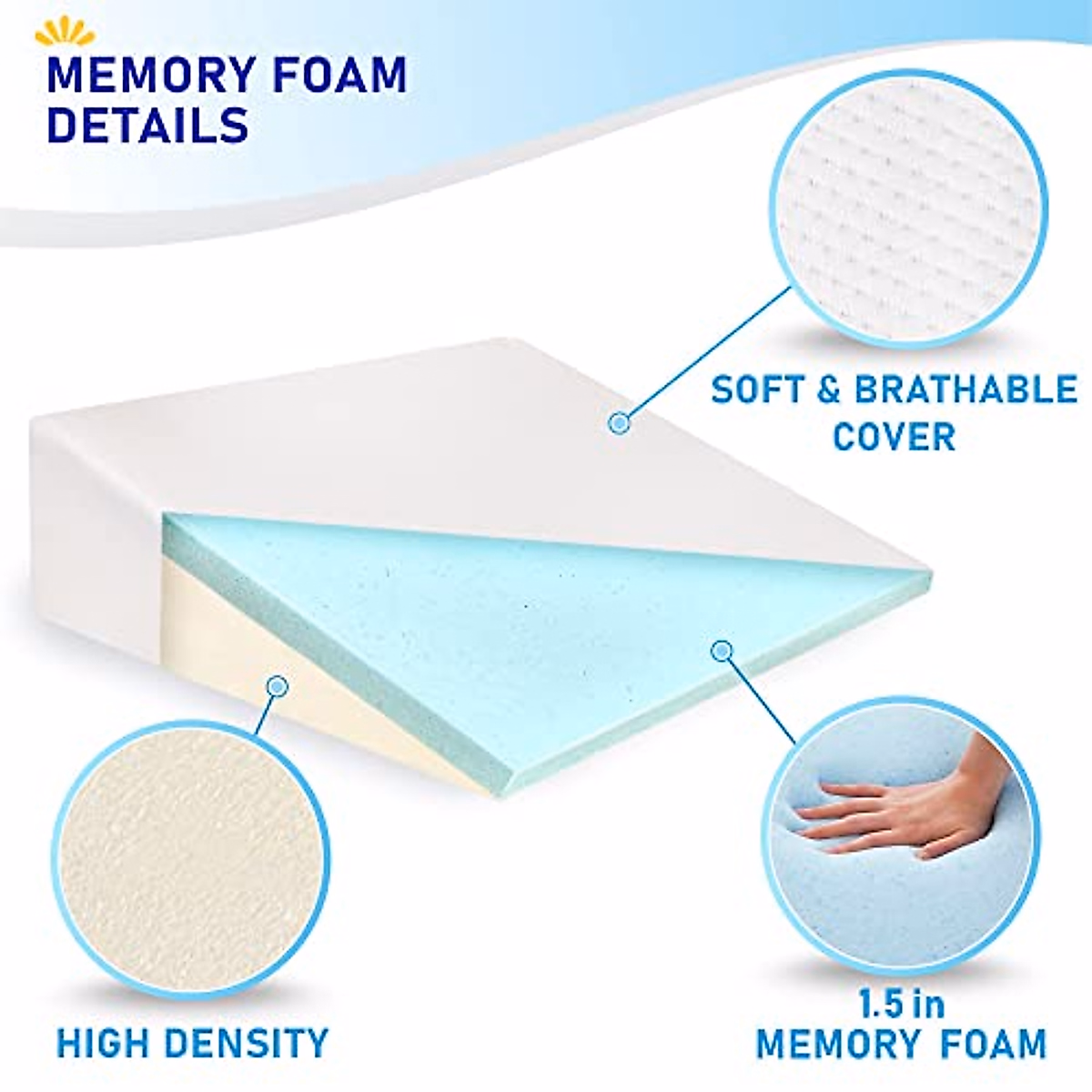 Bed Wedge Pillow Cooling Memory Foam Top – 8" 24" 24" Elevated Support Cushion, Triangle Wedge Pillow for Sleeping, Lower Back Pain, Acid Reflux, Heartburn, Allergies, Snoring – Removable Cover