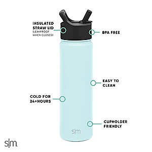 Simple Modern Water Bottle with Straw Lid Vacuum Insulated Stainless Steel Metal Thermos Bottles | Reusable Leak Proof BPA-Free Flask for Gym, Travel, Sports | Summit Collection | 22oz, Seaside Blue
