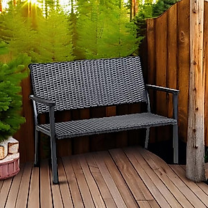 C-Hopetree Outdoor Loveseat Bench Chair for Outside Patio Porch, Metal Frame, Black All Weather Wicker