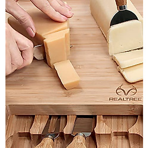 Realtree Bamboo Charcuterie Cheese Board & Knife Set, Serving Platter Tray with Cutlery Set, Housewarming Gifts, Entertaining, Cheese Serving Plate, Large Cheese Charcuterie Board