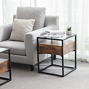 VASAGLE GLATAL Side Table, Nightstand, Tempered Glass End Table, with Drawer and Shelf, Decoration in Living Room, Stable Steel Frame, Industrial, Hazelnut Brown and Black ULET004G01