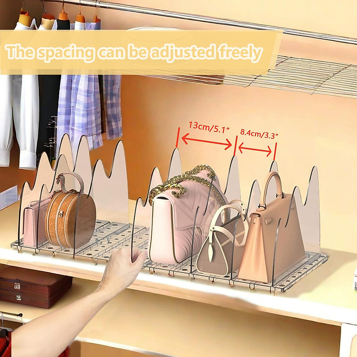 Purse Organizers for Closet,Acrylic Purse Organizer for Closet,Adjustable Handbag Storage Organizer,Shelf Dividers for Closet Organization (Clear)