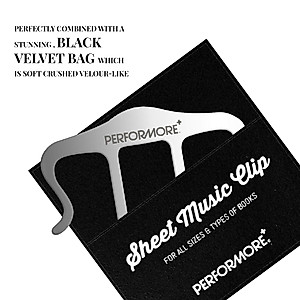 Performore Metal Sheet Music Book Clip and Page Holder for Sheet Music Stand, Piano, Book, Keyboard, Musician, Nickel Plated Bookmark with Velvet Storage Carrying Bag Included (1 Pack)