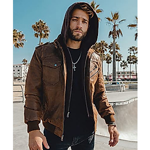 FLAVOR Men Brown Leather Motorcycle Jacket with Removable Hood (Medium (US standard), Brown)