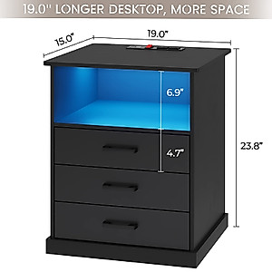 Hasuit Nightstand with Charging Station and LED Lights, Large Bedside Table with 3 Storage Drawer, Black Night Stand for Bedroom, Wider Tabletop 19.0''(L) x 15.0''(W)