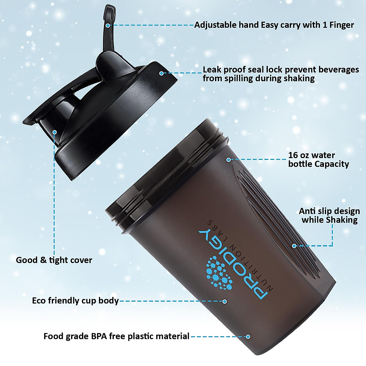 Prodigy Nutrition Labs Premium Shaker Bottle Perfect for Workout Supplements, Protein powder, Sports drinks, BPA Free, Portable Bottle for Fitness Enthusiasts Athletes -14 Ounce