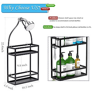 Meangood Shower Caddy Organizer,Mounting Over Shower Head Or Door,Extra Wide Space for Shampoo, Conditioner, and Soap with Hooks for Razorsand More,10.5" x 4.5" x 22.4", Mental Black