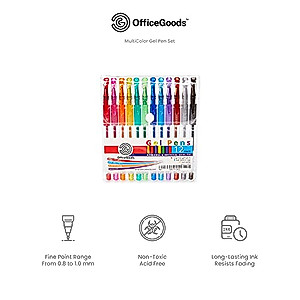 OfficeGoods Multicolor Gel Pens + Refills - 12 Premium Colors - Fast Drying Smudge Free - Metallic, Glitter Classic Coloring Ink - 0.8-1.0 mm Tips