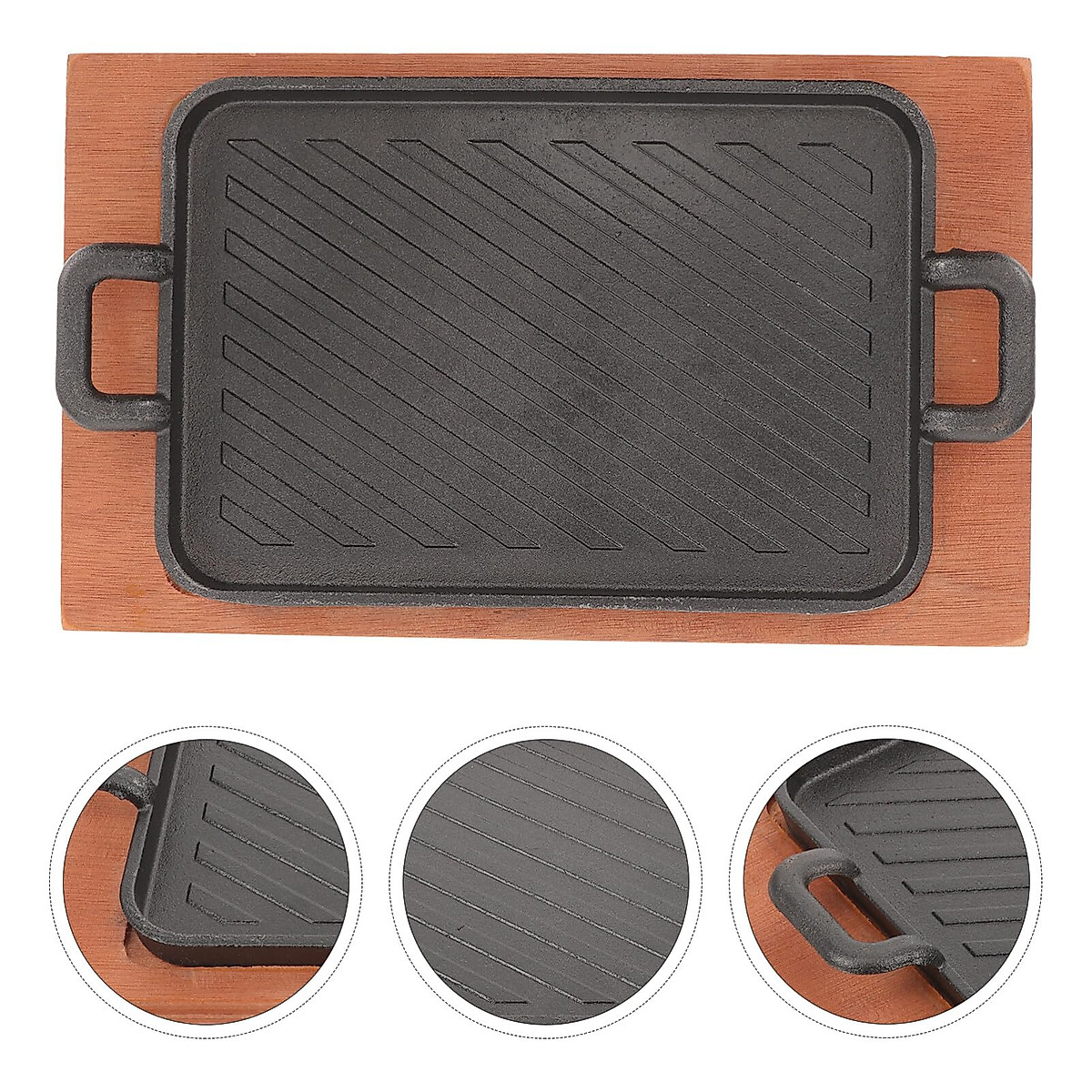 Yardwe Cast Iron Steak Plate, Sizzle Plate with Wooden Base, Steak Pan Grill Fajita Server Plate for Home Kitchen Restaurant (7.5" x 12.5")