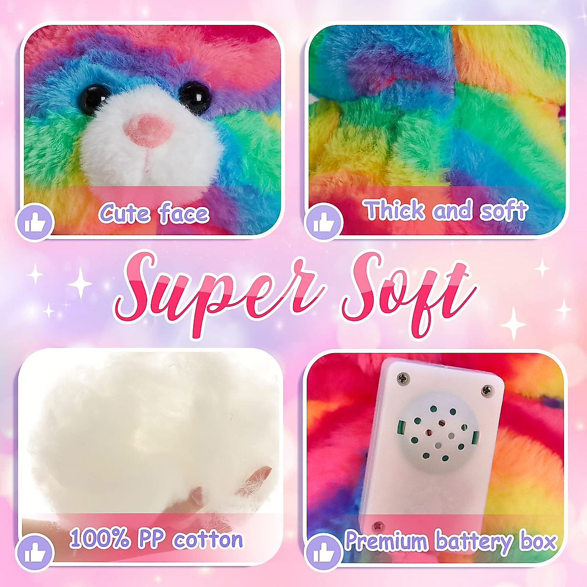 Athoinsu Light up Rainbow Music Teddy Bear Stuffed Animal LED Glowing Singing Night Light Cute Soft Plush Toy Gifts Decors for Toddlers Kids, 11"