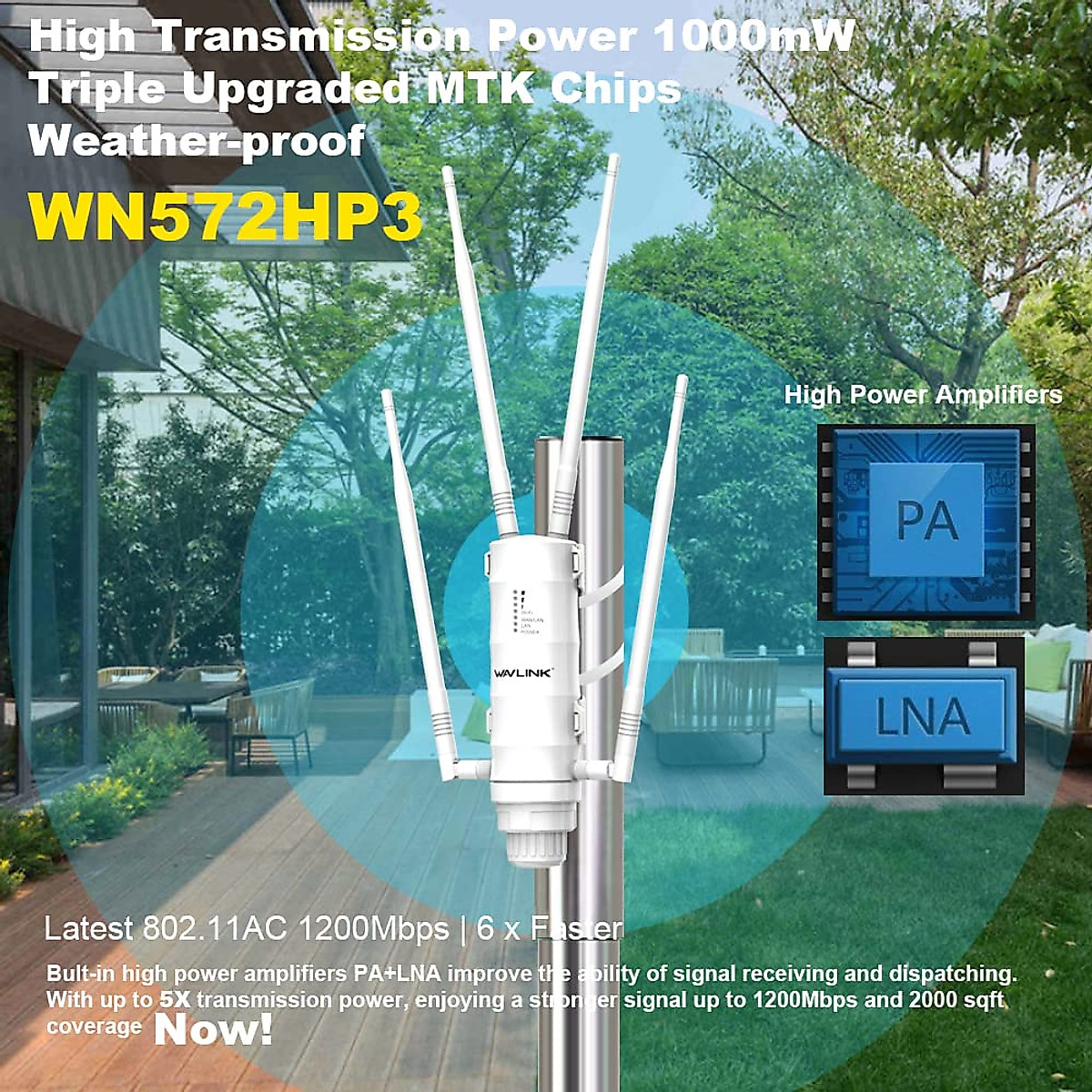 AC1200 Dual Band 2.4+5GHz 1200Mbps Long Range Outdoor WiFi Mesh Extender with Ethernet Port & 4 Antennas, Weatherproof Outside Access Point (AP)/Wireless Repeater/Signal Booster Amplifier (WN572HP3)