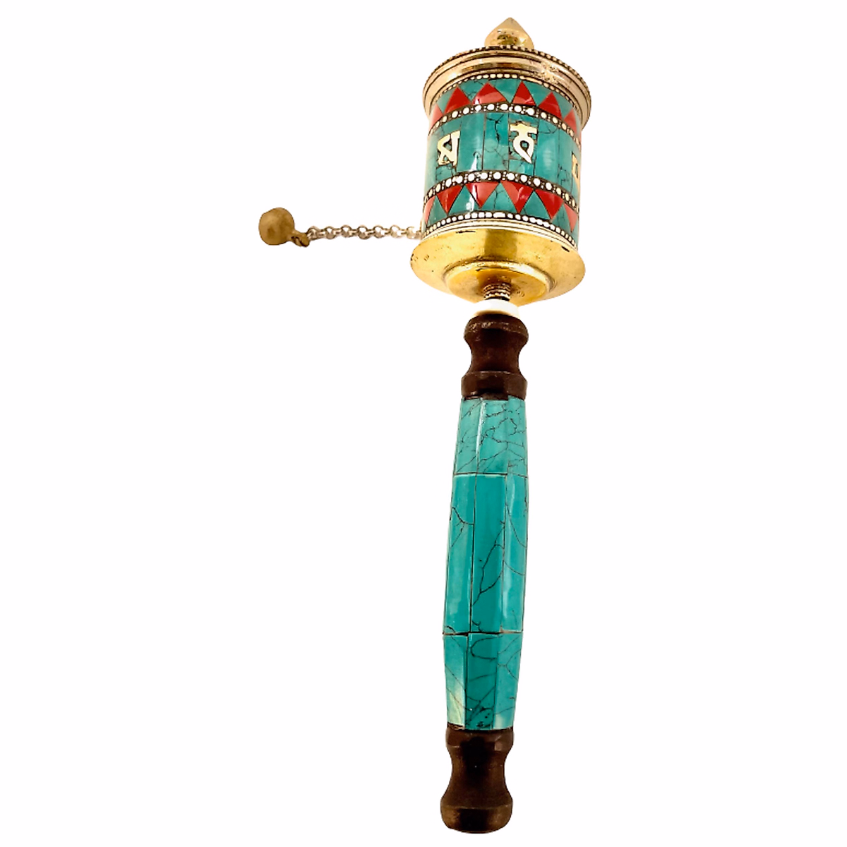 QT S Buddhist Copper & Stone Set Hand-Held Prayer Wheel - Hand carved 9 Inch with Authentic Wooden Handle Made in Buddha Born Country, Nepal