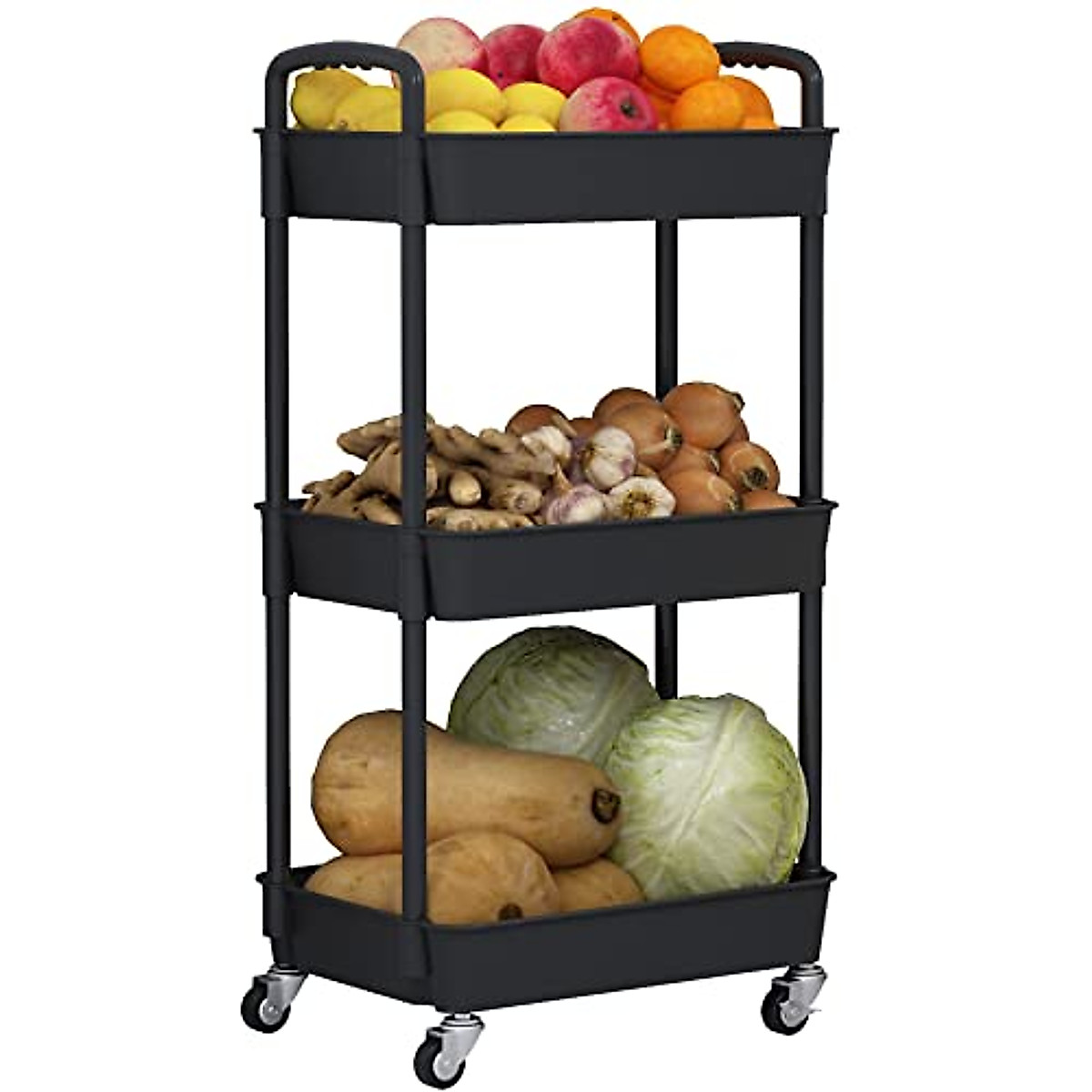 JIUYOTREE 3-Tier Rolling Storage Cart Utility Cart with Lockable Wheels for Living Room Bathroom Kitchen Office Black