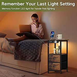 OUTONLIFE Side Table with LED Dimmable Light & Charging Station, Nightstand with 2 Fabric Drawers, 2 USB Ports & AC Outlet, Narrow End Table with Storage for Bedroom, Living Room, Office, Small Space