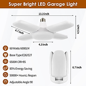 YWD LED Garage Lights 2Pack,60W Deformable Led Garage Ceiling Lighting 6000LM E26/E27 Daylight 6500K Super Bright Garage Light Adjustable Garage Light for Garage,Workbench,Barn,Warehouse