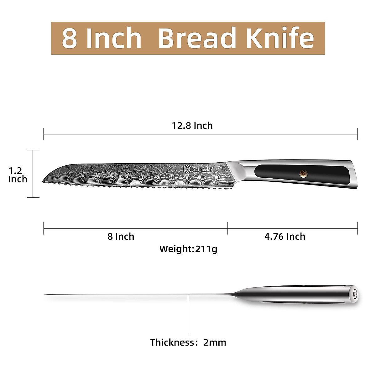 Sunnecko Bread Knife 8 inch, Serrated Bread Knife for Homemade Bread with 67-layers VG10 Damascus Steel Blade, Japanese Bread Knife with Solid Handle Best Bread Cutting Knife Bread Knives Cake Knife