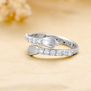 Hug Ring 925 Sterling Silver Rings Hugging Hand Jewelry Couple Hugs Finger Ring Adjustable Best Friend Rings Friendship Zircon Valentine's Day Gifts for Girl Women Granddaughter Wife