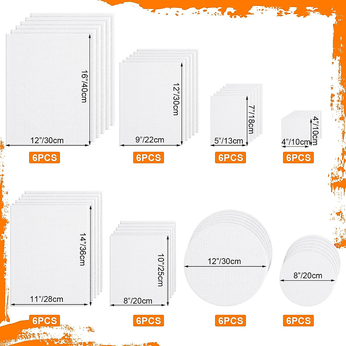 Qilery 48 Pcs Stretched Canvas Multipack for Painting, 4x4'', 5x7'', 8x10'', 9x12'', 11x14'', 12x16'', 12x12'', 8x8'', 6 of Each, Cotton White Blank Canvas Boards Kid Art Panels for Oil Acrylic