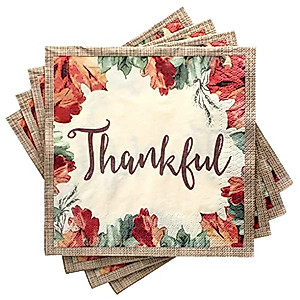 Fall Harvest Leaves "Thankful" Disposable Paper Lunch Napkins | Beautiful Leaf Design with Burlap Border | Perfect for Fall Parties, Thanksgiving & Decoupage | 24 ct | 2 ply | 6.5"x6.5" size folded